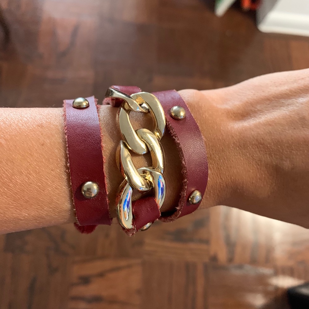 Genuine Leather Gold Chain Studded Wrap Bracelet - Gem